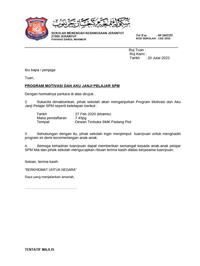 Surat Jemputan Ibu Bapa Solat Hajat | PDF