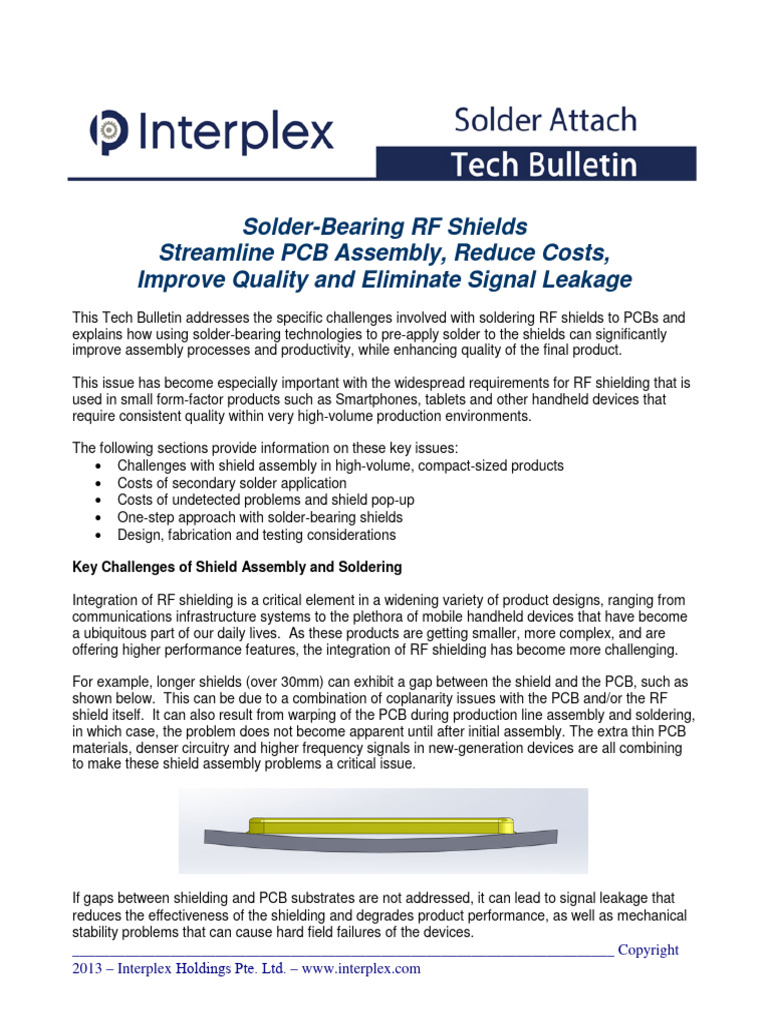 Technical Bulletin Solder Bearing RF Shields Streamline PCB Assembly | PDF