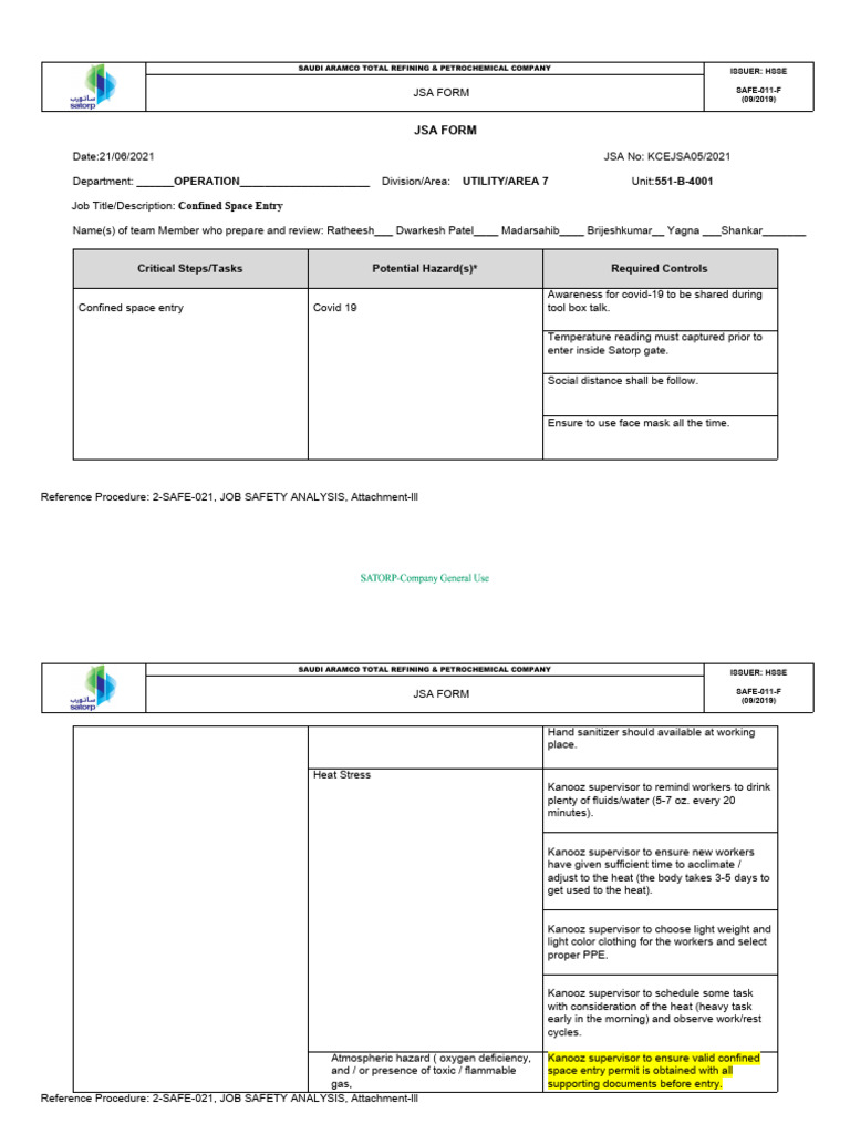 JSA05-Confined Space Entry | PDF