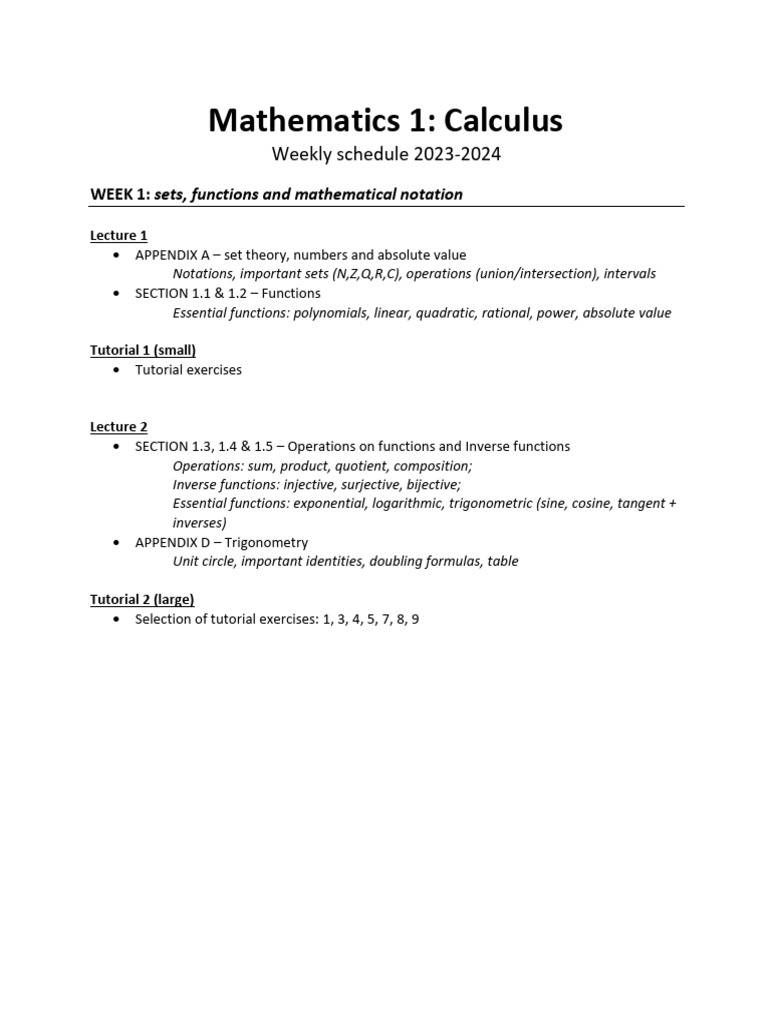 Weekly Schedule Mathematics 1 Calculus 2023-2024 (1) | PDF
