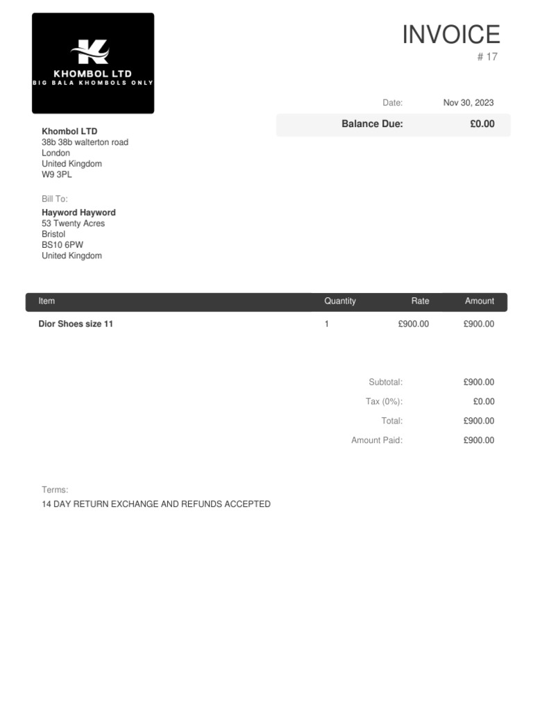 Invoice #17 for Dior Shoes Purchase | PDF