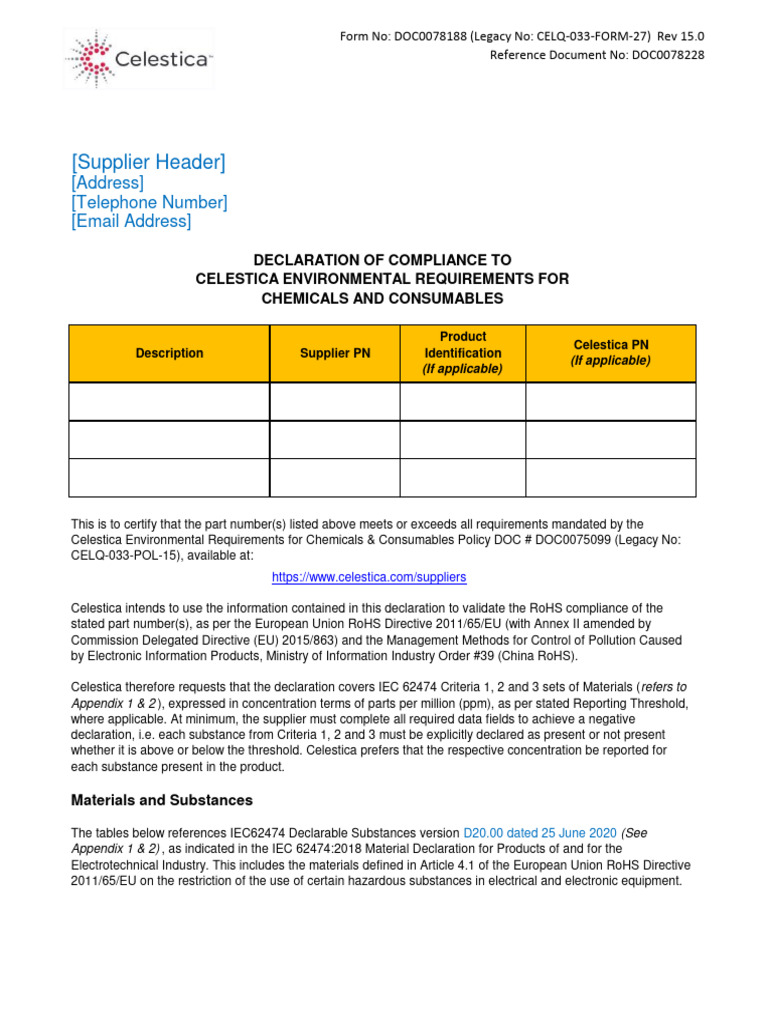 Declaration Template v3.0 | PDF | Chemical Elements | Physical Sciences