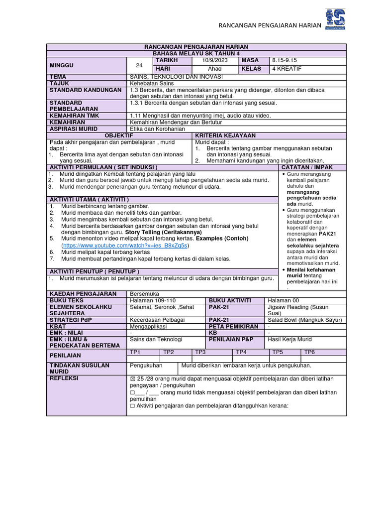 RPH Minggu 24 BM SK THN 4 2023 | PDF