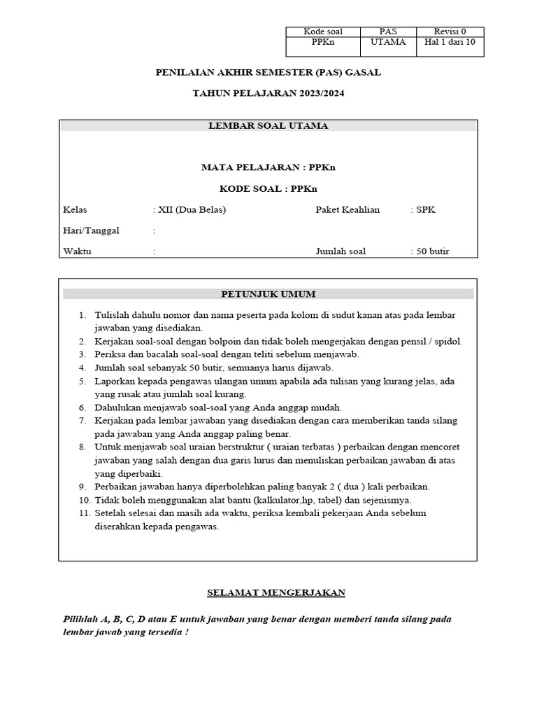 Soal PAS PKN XII, 2023 | PDF