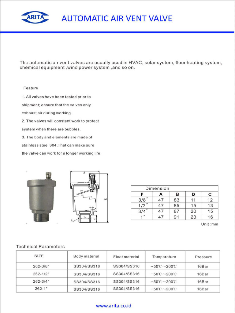 Arita Automatic Air Vent Valve | PDF