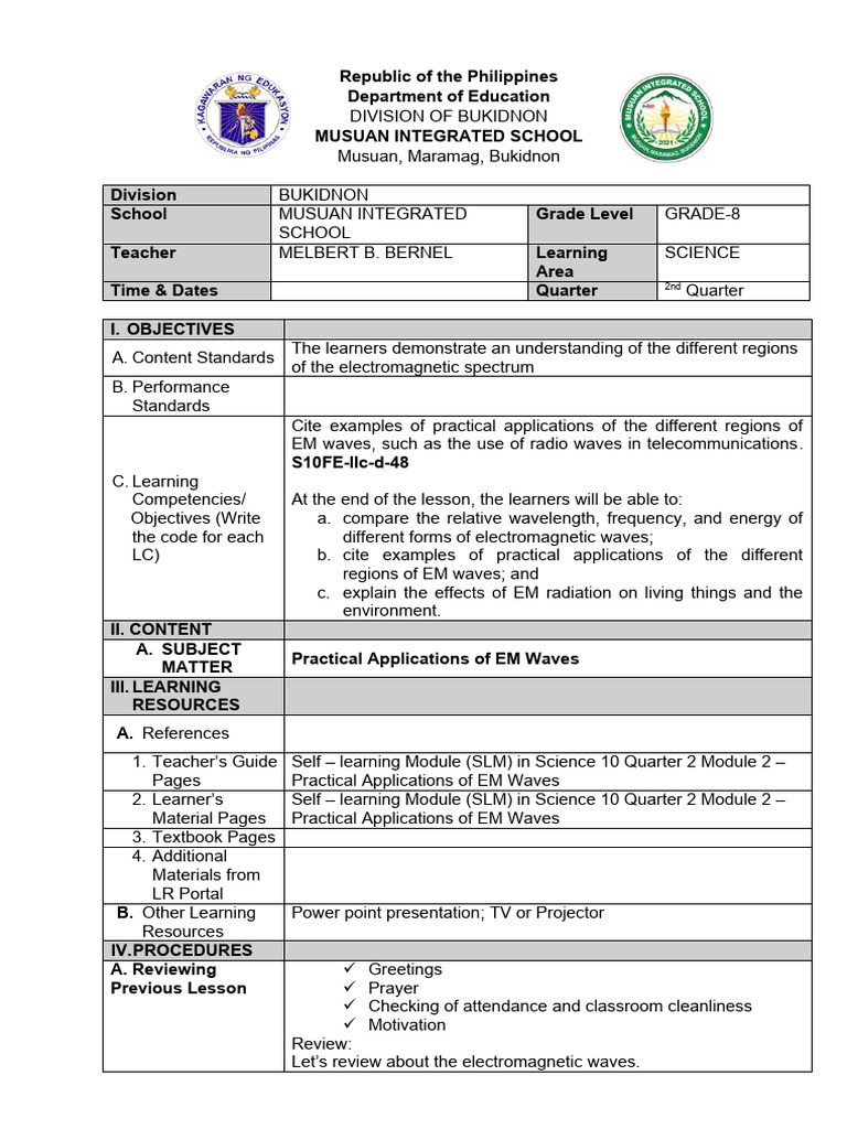 SCIENCE 10 Lesson Plan - Application of EM Waves | PDF