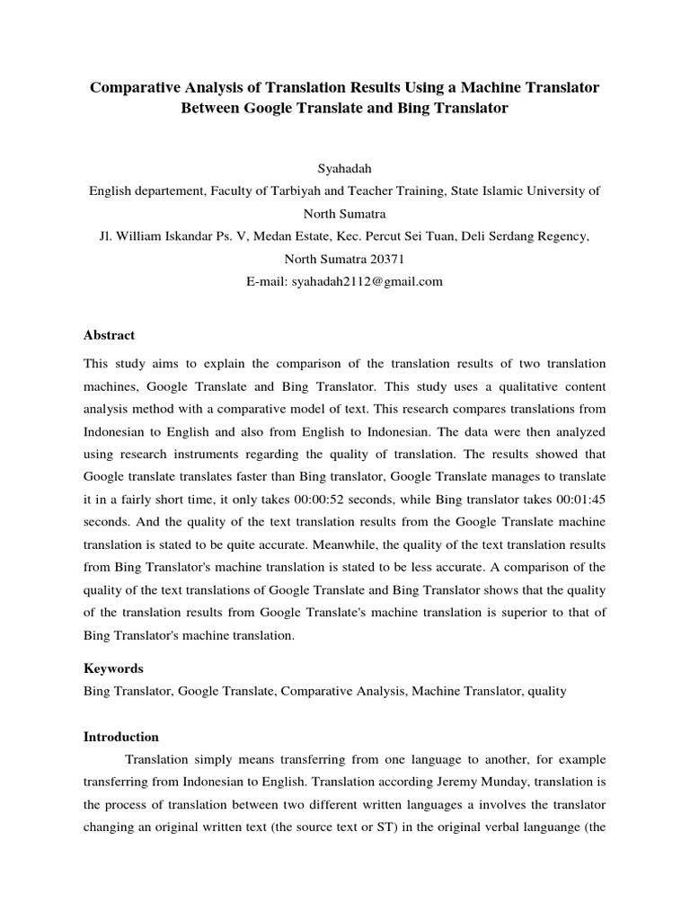 Comparative Analysis of Translation Results Using A Machine Translator ...