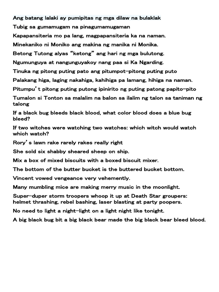 Tagalog Pass the Message Sentences | PDF