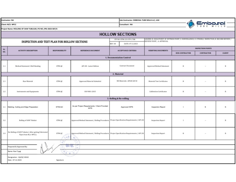 Inspection & Test Plan | PDF