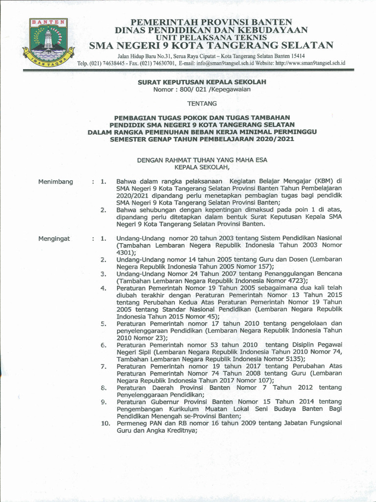 SK KBM Semester Genap SMAN 9 Tangsel Tahun 2020 2021 | PDF