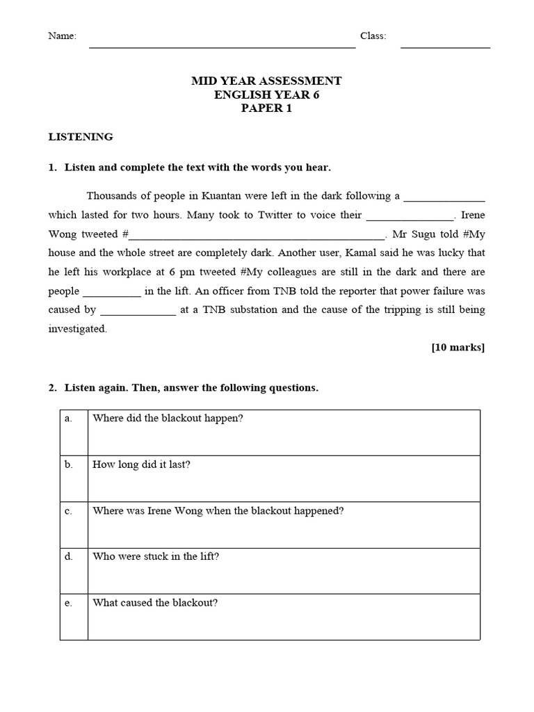 Mid-Year Test Bi Year 6 | PDF