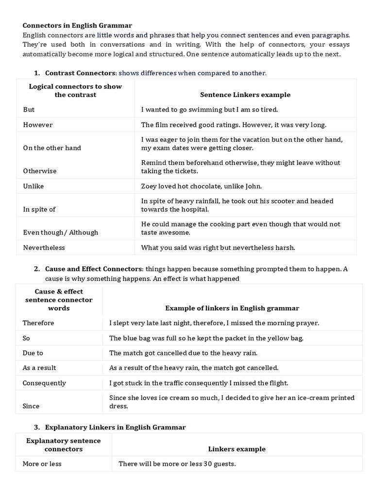 Connectors in English Grammar | PDF | English Grammar