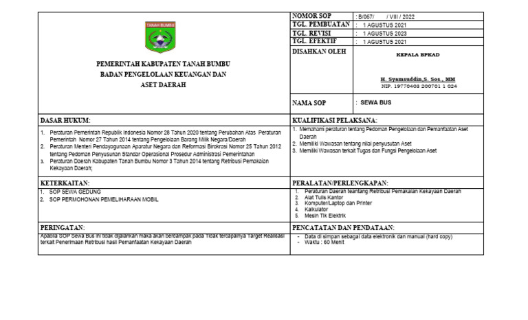 lembar identitas SOP SEWA BUS | PDF