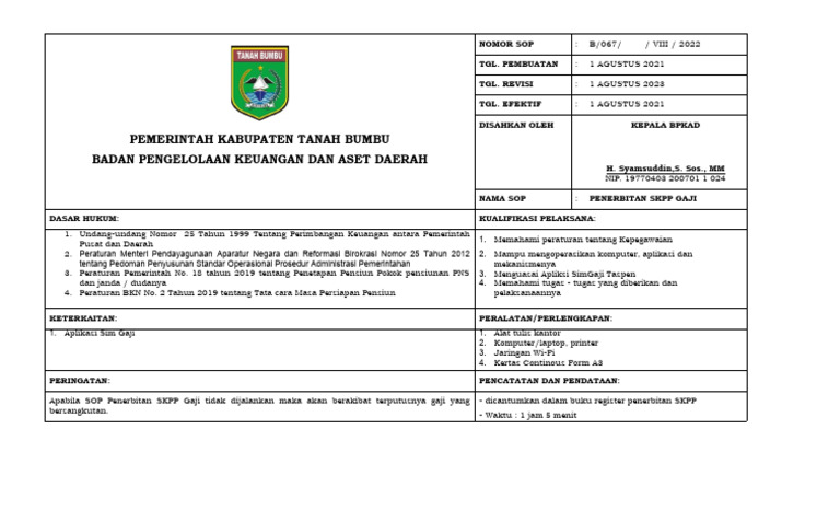 SOP Penerbitan SKPP Gaji Tanah Bumbu | PDF