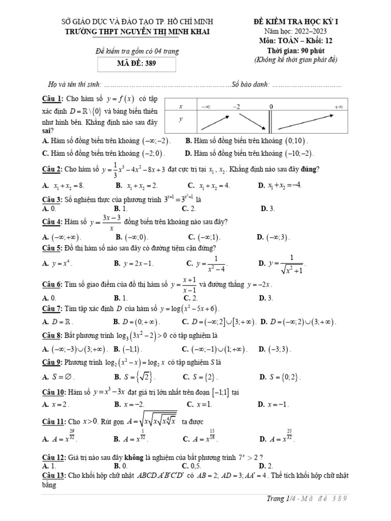 De Hoc Ky 1 Toan 12 Nam 2022 2023 Truong THPT Nguyen Thi Minh Khai TP HCM | PDF