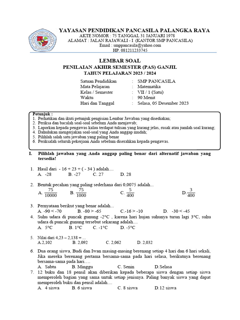 Soal Pas Matematika Kelas Vii | PDF