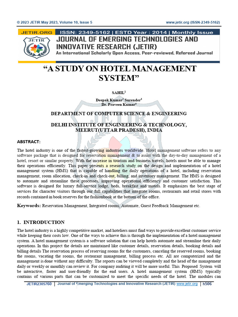 A Study On Hotel Management System | PDF