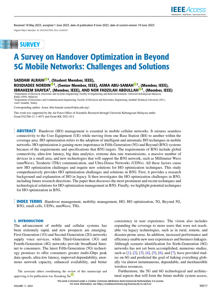 A Survey On Handover Optimization in Beyond 5G Mobile Networks Challenges and Solutions | PDF