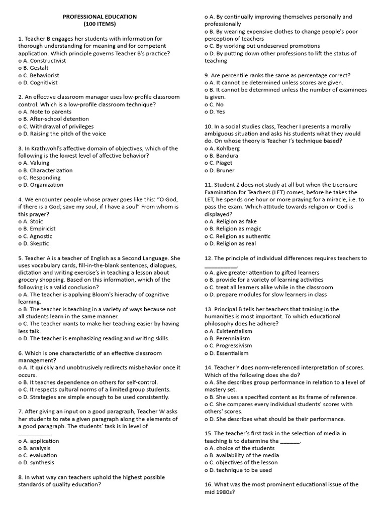 1 100 Prof Ed | PDF | Teachers | Learning