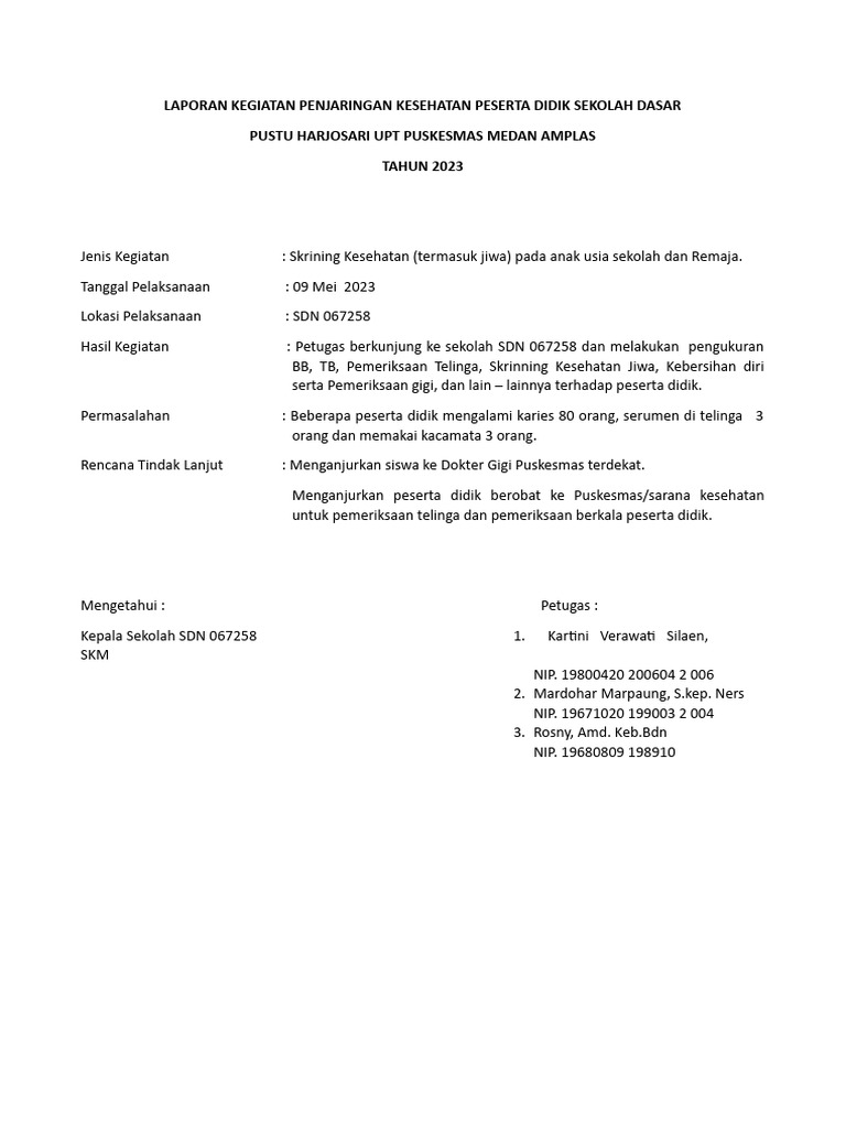 Laporan BOK UKS Mei, Juni, Juli 2023 | PDF