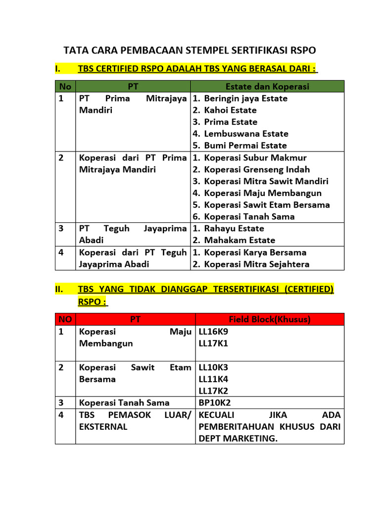 TATA CARA PEMBACAAN TBS, CPO, PK - STEMPEL SERTIFIKASI RSPO - Rev1 | PDF