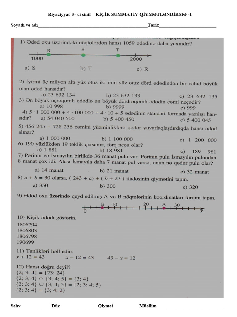 5 Sinif Riyaziyyat KSQ 1,2.3,4,5,6,7 BSQ 1,2 KSTM | PDF
