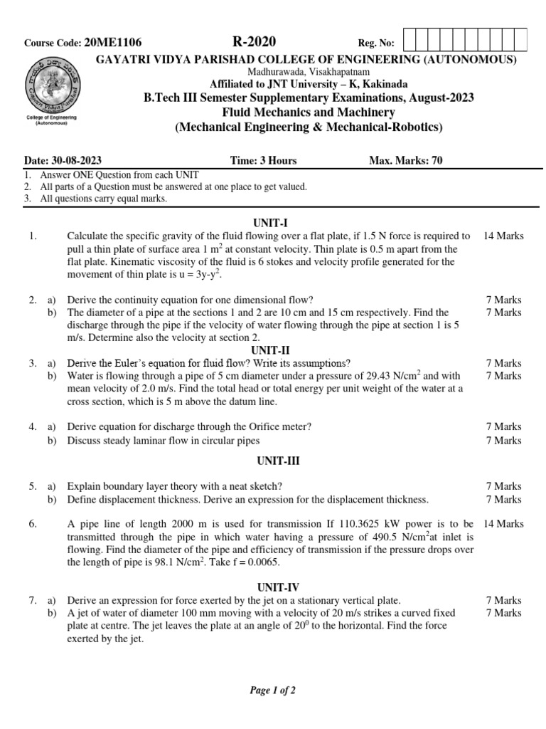 R2020 - 20ME1106 - Fluid Mechanics and Machinery (ME ME (Robt) ) | PDF | Fluid Dynamics | Pump