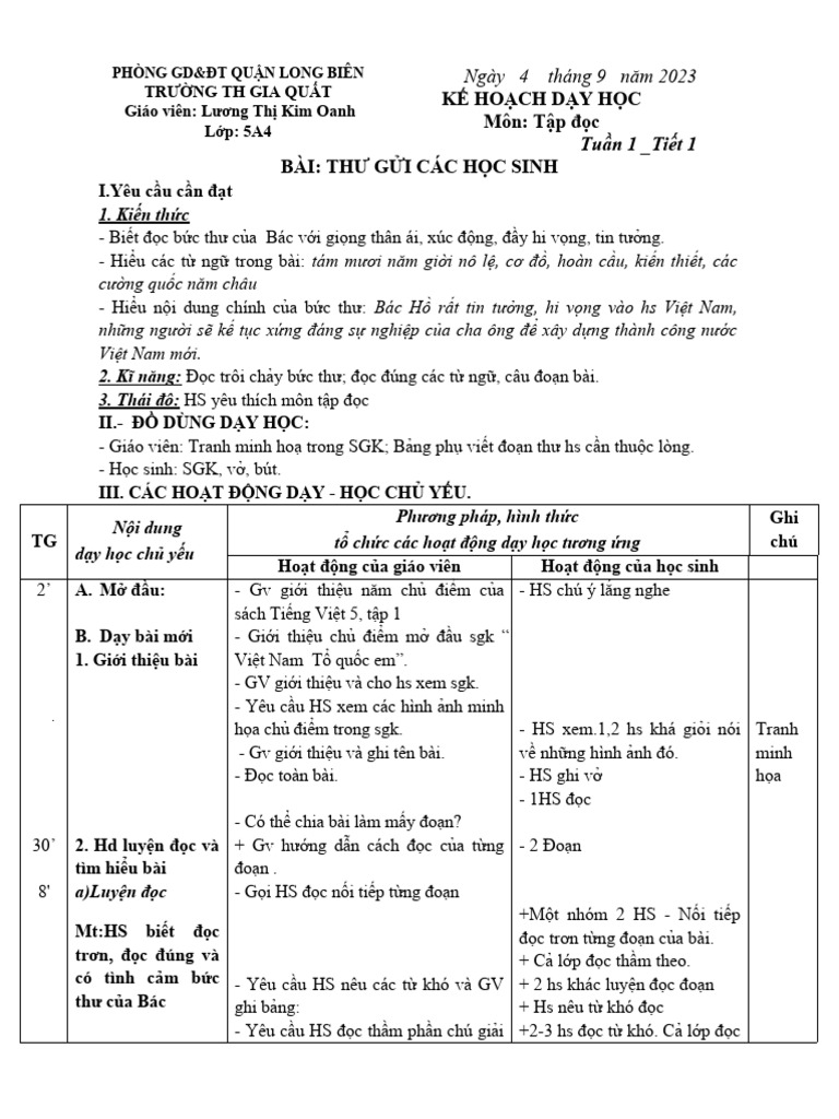 KHBD Tuan 1 Luong Thi Kim Oanh | PDF