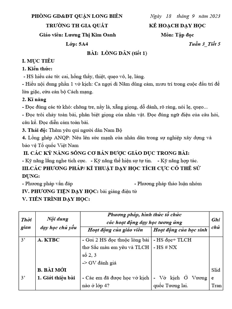 KHBD Tuan 3 Luong Thi Kim Oanh | PDF