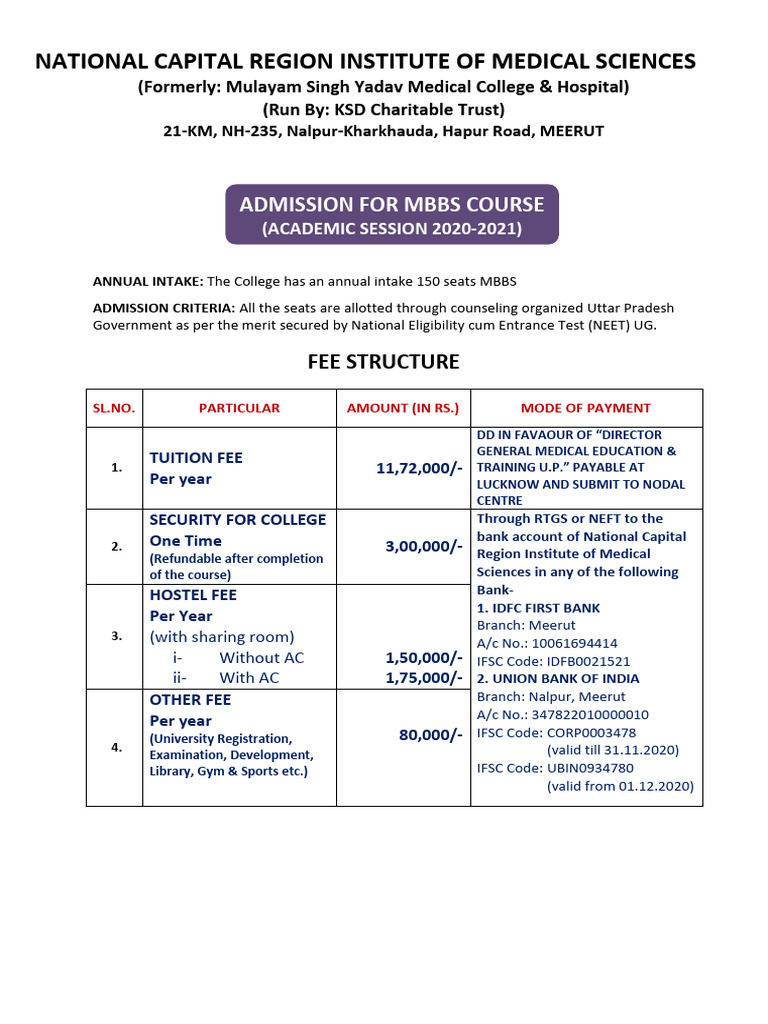 Fee Str. NCR Medical Collage | PDF | Health Care | Qualifications