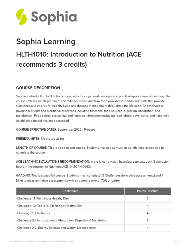 Sophia Introduction To Nutrition Syllabus | PDF | Nutrients | Nutrition