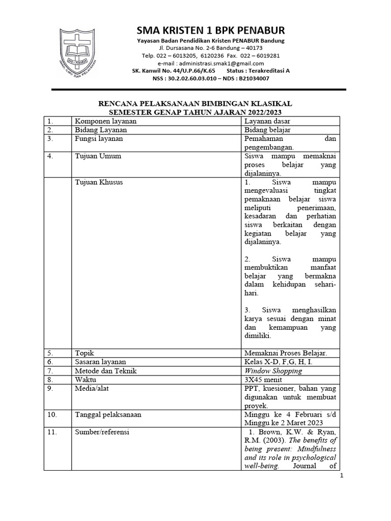 Rencana Pelaksanaan Layanan Klasikal Tema Mindfull Learning | PDF | Karier & Perkembangan