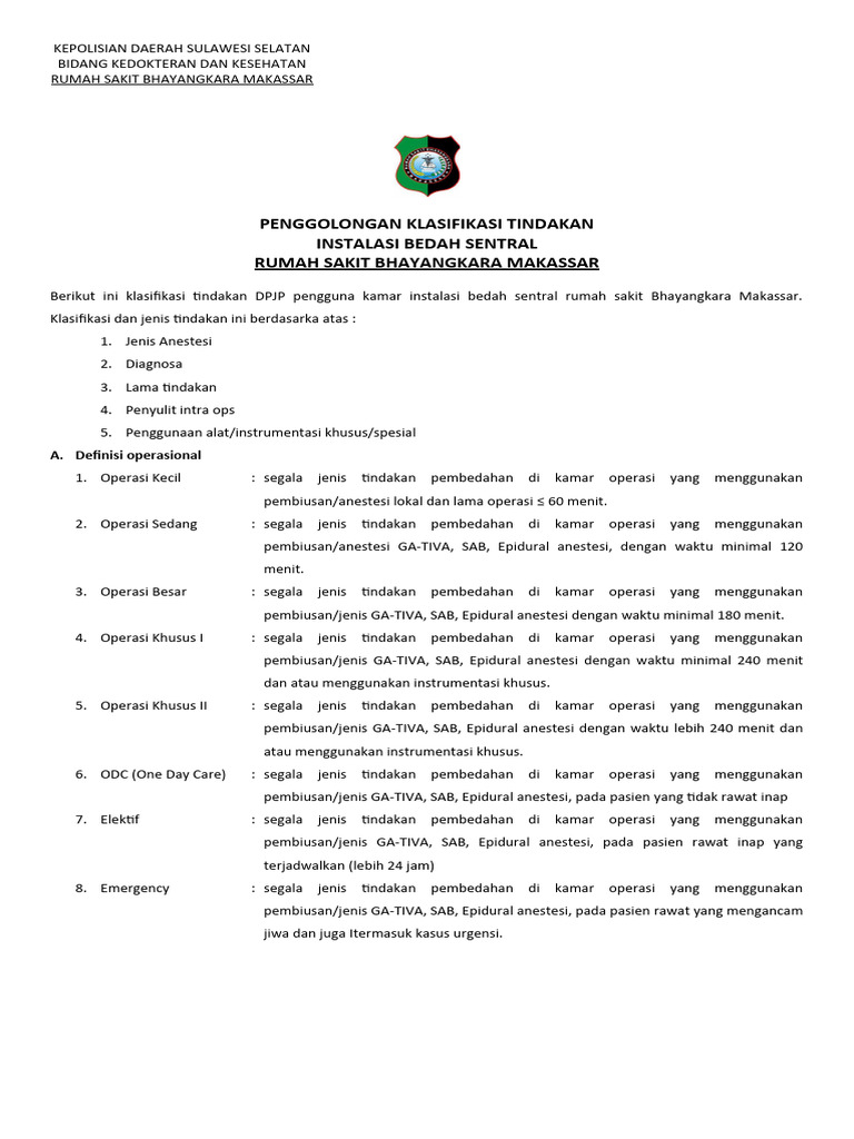 Klasifikasi Tindakan Operasi di RS Bhayangkara | PDF