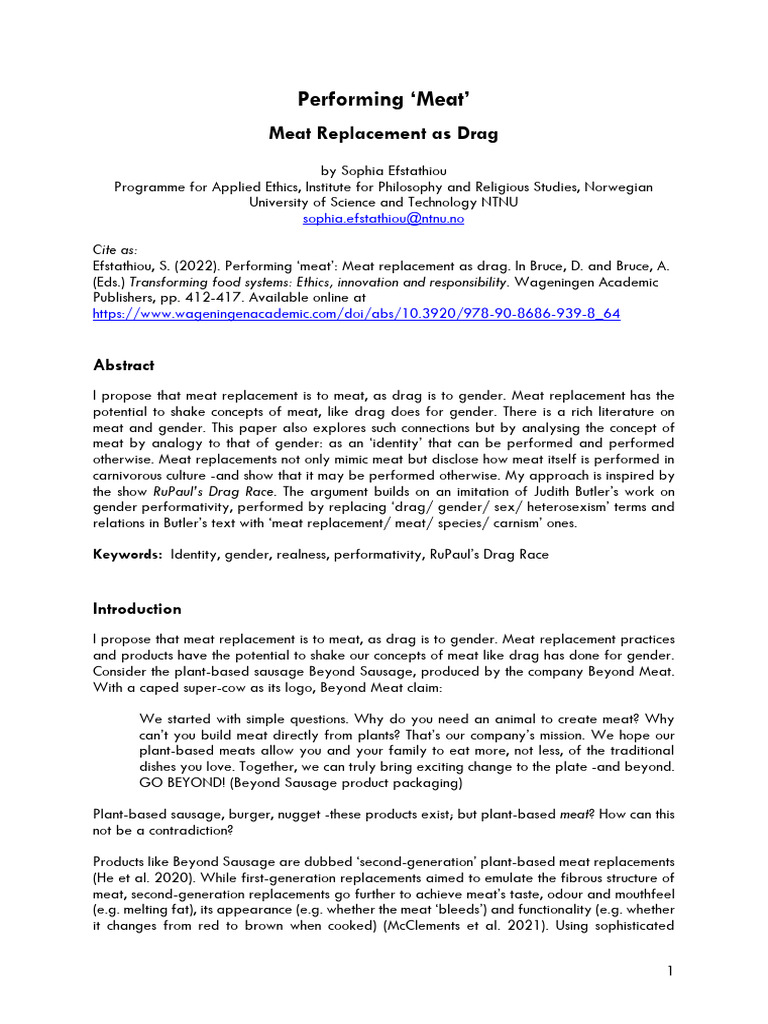 Efstathiou 2022 Performing Meat - Meat Replacement As Drag | PDF