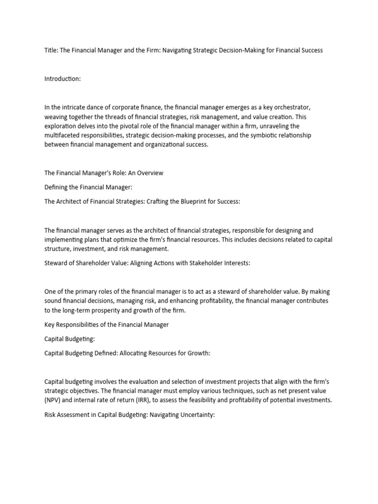 Financial Manager's Role in Strategy | PDF | Capital Budgeting ...