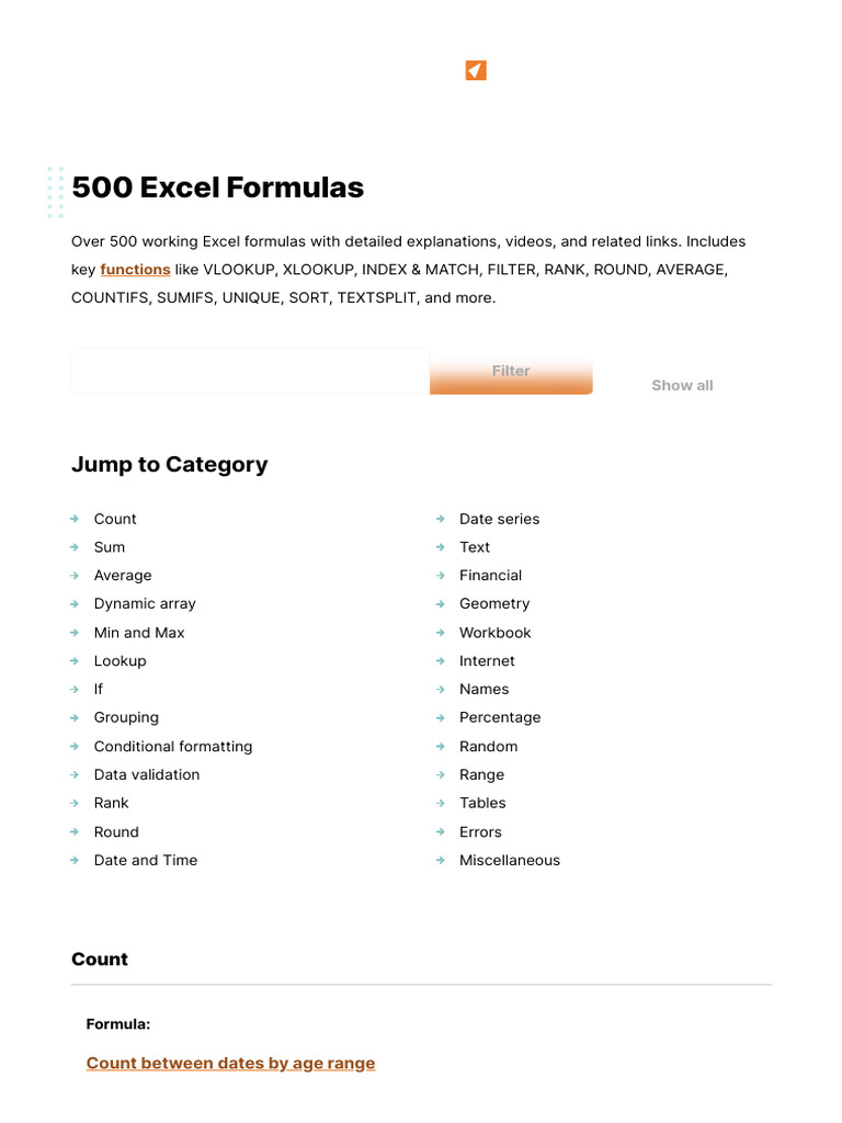 500 Excel Formulas - Exceljet | PDF