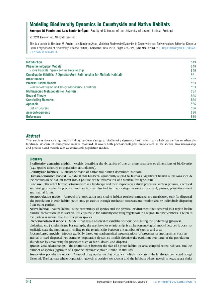 Modeling Biodiversity Dynamics in Countryside and 2024 Encyclopedia of Biodi | PDF | Science ...