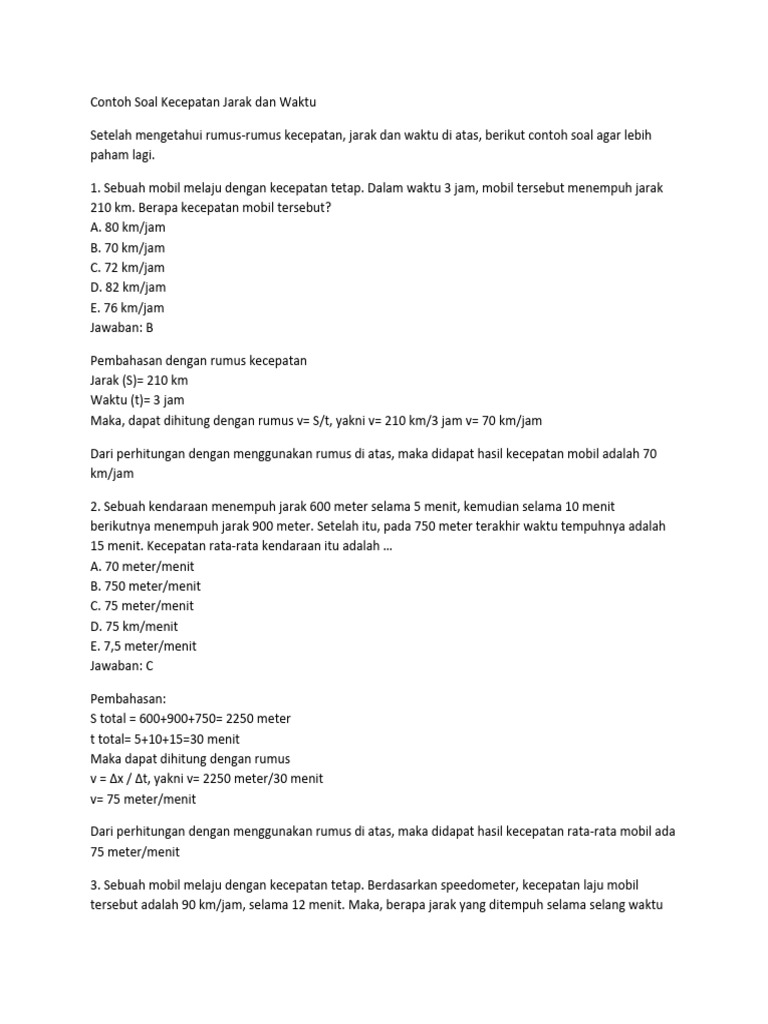 Contoh Soal Kecepatan Jarak Dan Waktu | PDF