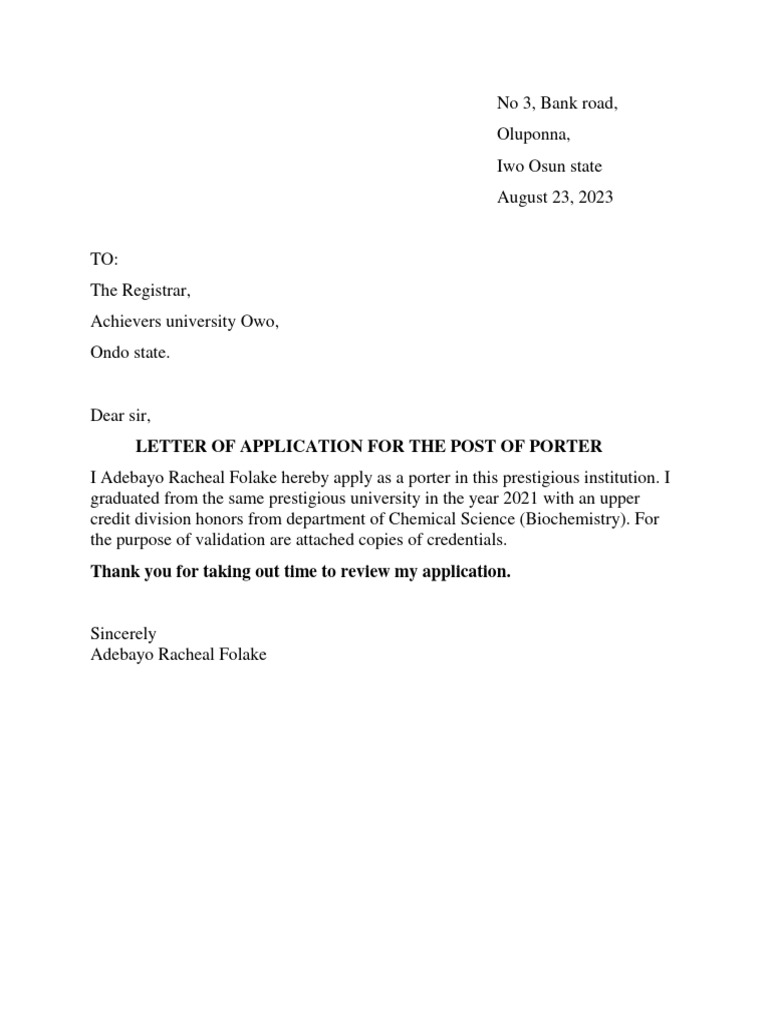 Application Letter (Porter) | PDF