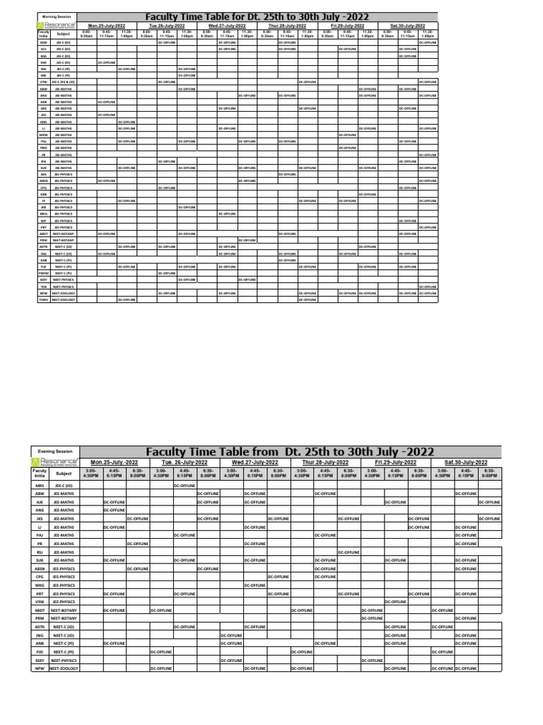 Faculty Timetable: July 30, 2022 | PDF