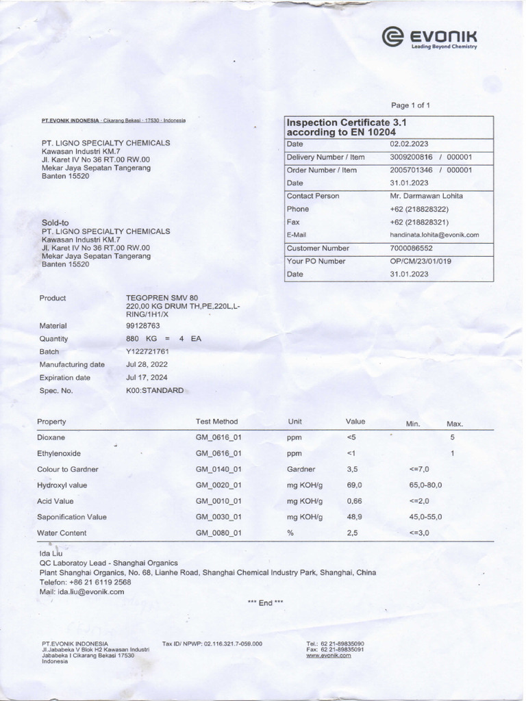 COA - Tego SMO 80 V | PDF