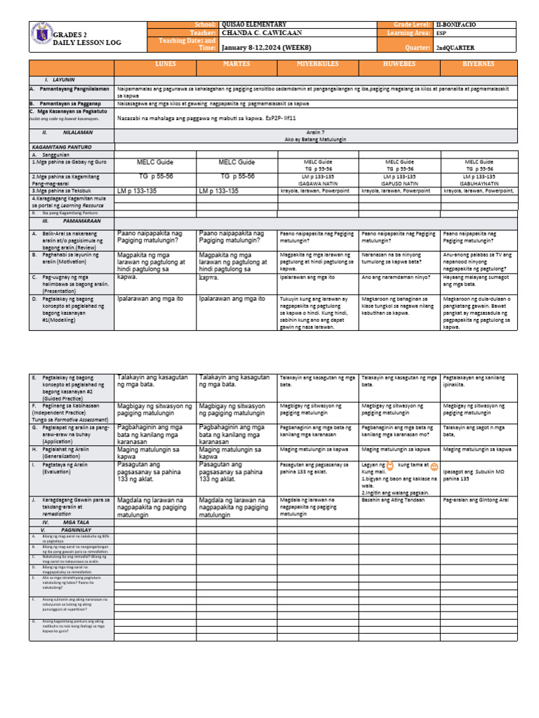 DLL Allsubjects Q2 W8 Chanda C. Cawicaan 2023 2024 | PDF
