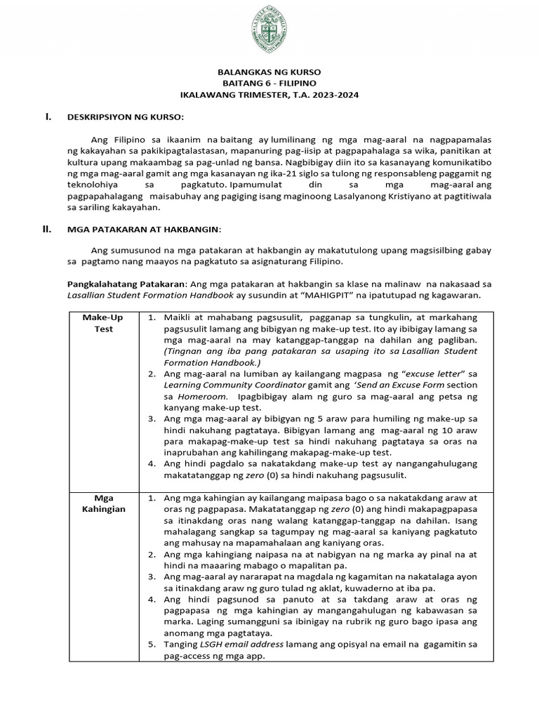 Ikalawang Trimester Balangkas NG Kurso Filipino 6 | PDF