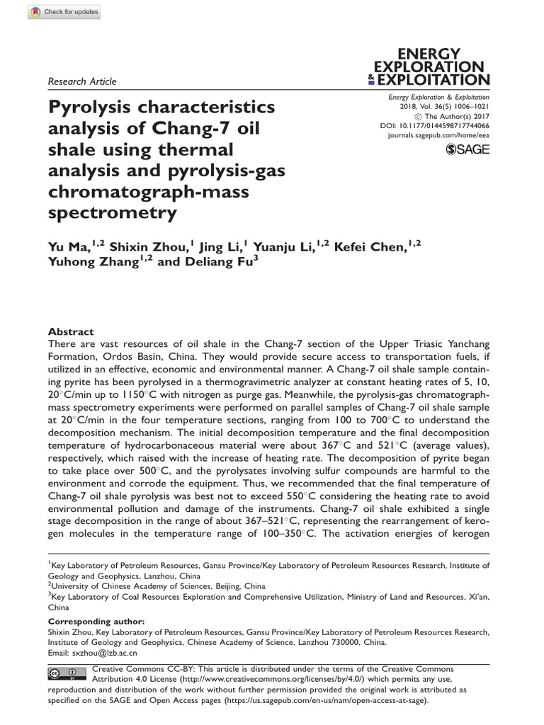 Ma Et Al 2017 Pyrolysis Characteristics Analysis of Chang 7 Oil Shale ...