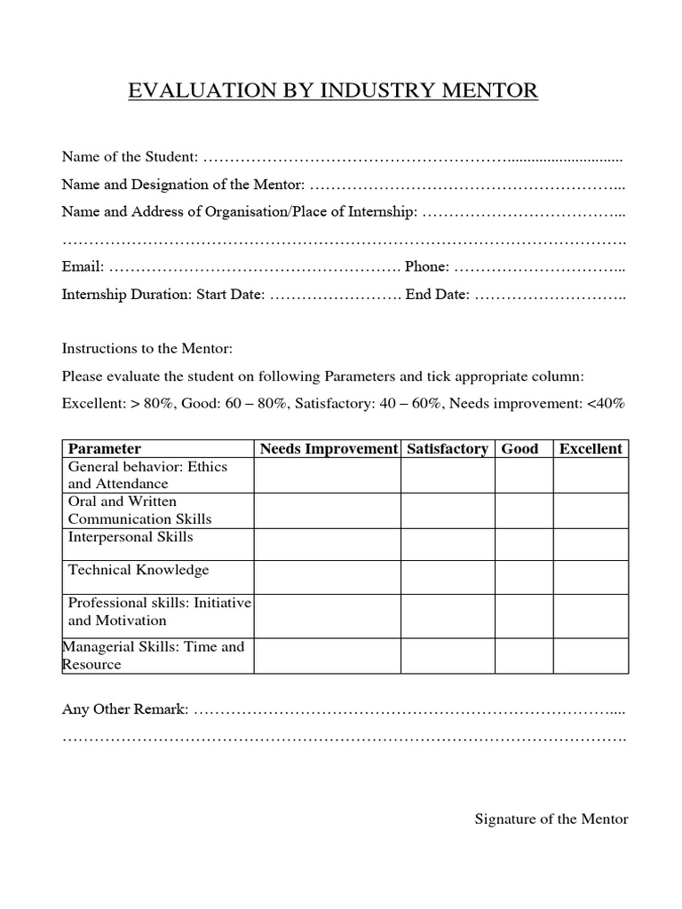 Evaluation Format (Industry Mentor) | PDF