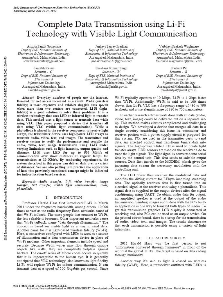 Complete Data Transmission Using Li-Fi Technology With Visible Light Communication | PDF