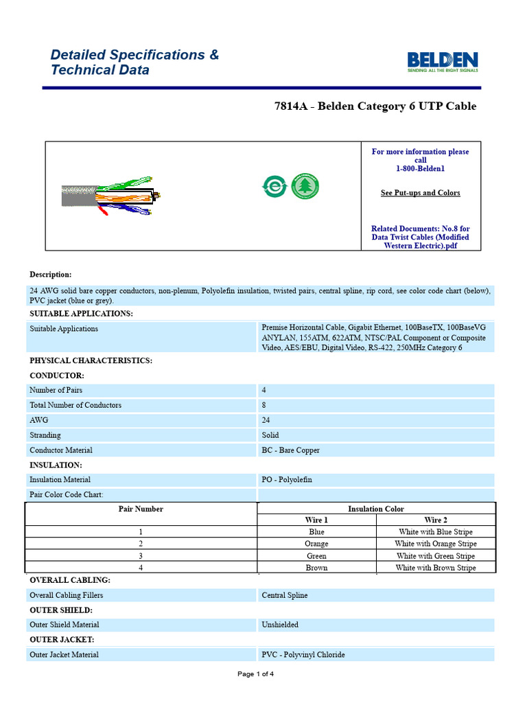 7814A - Belden Category 6 UTP Cable | PDF