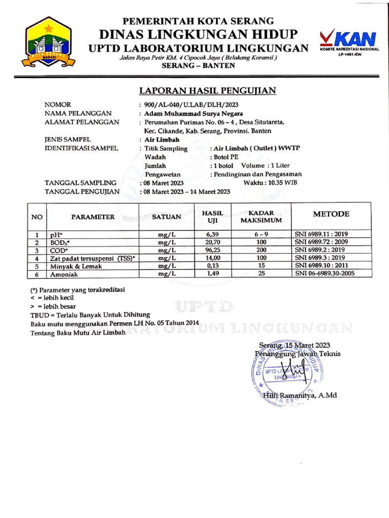 Maret 2023_Hasil Uji WWTP Lab Eksternal KAN CPI CIkande | PDF