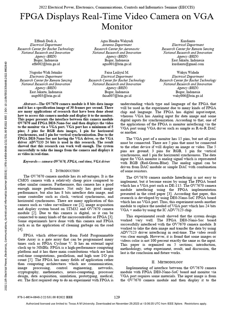 FPGA Displays Real-Time Video Camera On VGA Monitor | Download Free PDF | Field Programmable ...