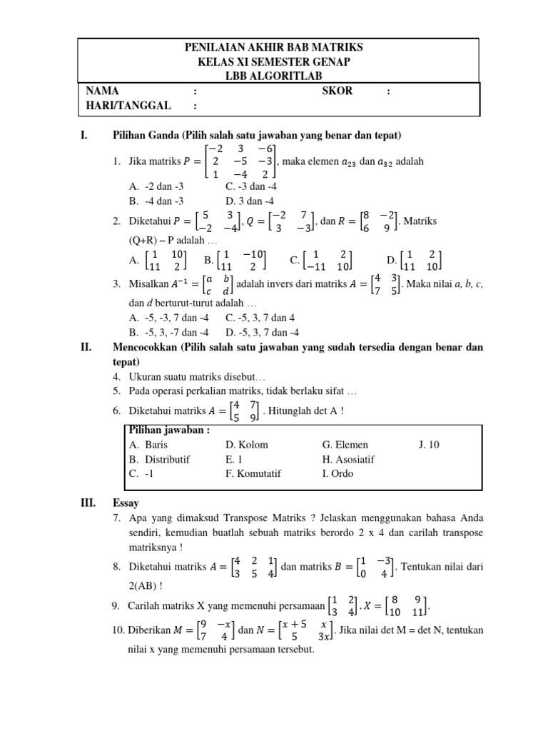 11 Penilaian Akhir Bab Matriks | PDF